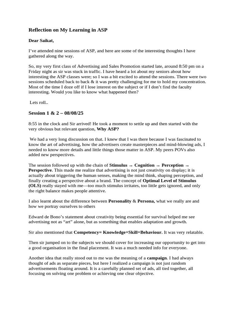 Reflection On My Learning in ASP | PDF | Brand | Marketing Communications