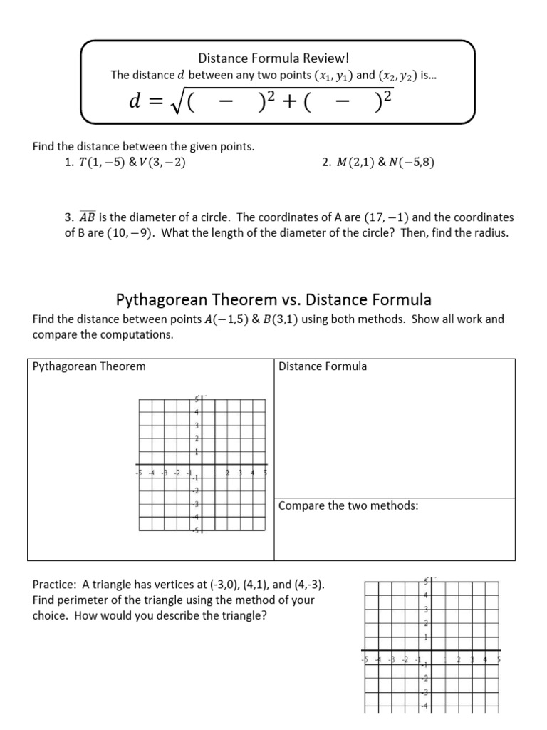 Distance Formula and Pythagorean Review | PDF | Triangle | Circle