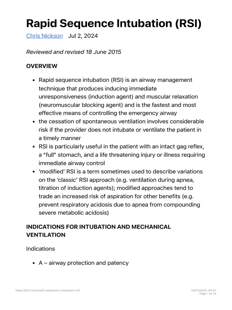 Rapid Sequence Intubation (RSI) - LITFL - CCC Airway | PDF | Human ...