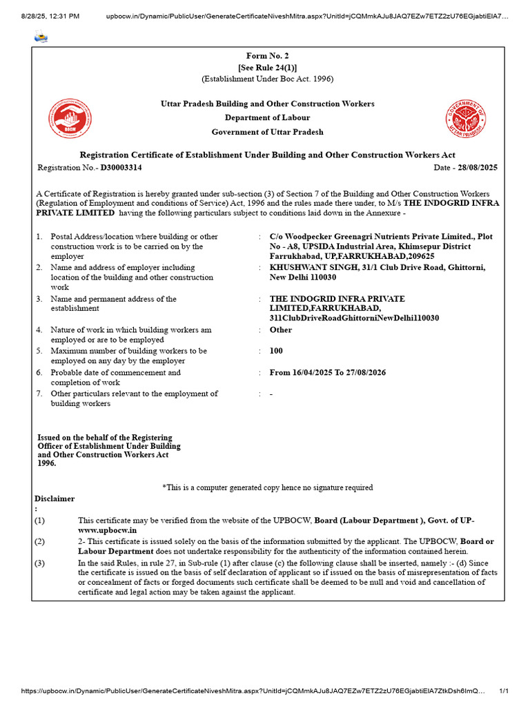 UP Construction Workers Registration Certificate | PDF