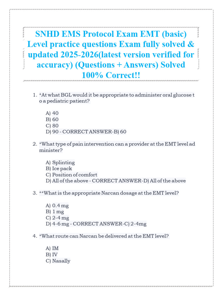 SNHD EMS Protocol Practice Test 2025-2026 | PDF | Medical Emergencies ...