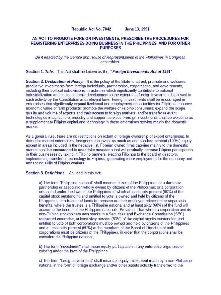 Republic Act No. 7042 Foreign Investments Act of 1991 | PDF | Stocks ...