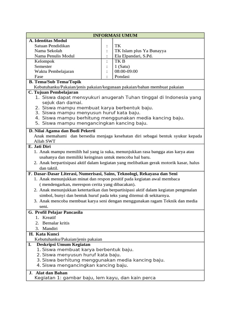 Modul Pembelajaran Pakaian TK B | PDF