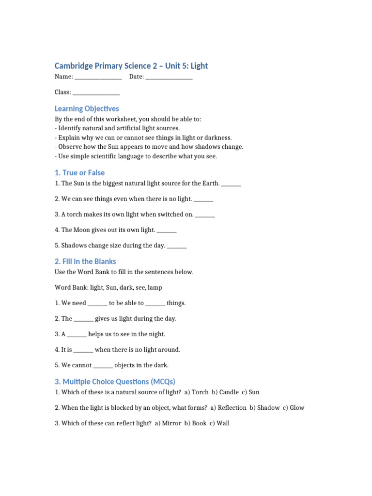 Unit5 Light Full Worksheet | PDF | Light | Shadow