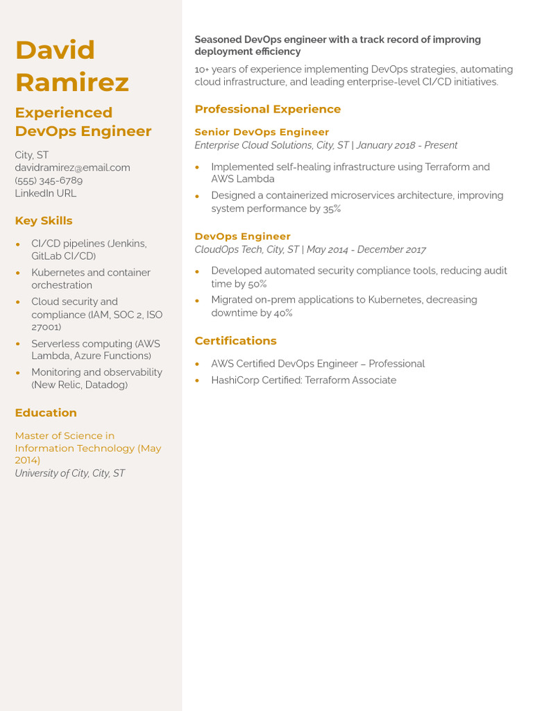Experienced Devops Engineer Resume Example | PDF