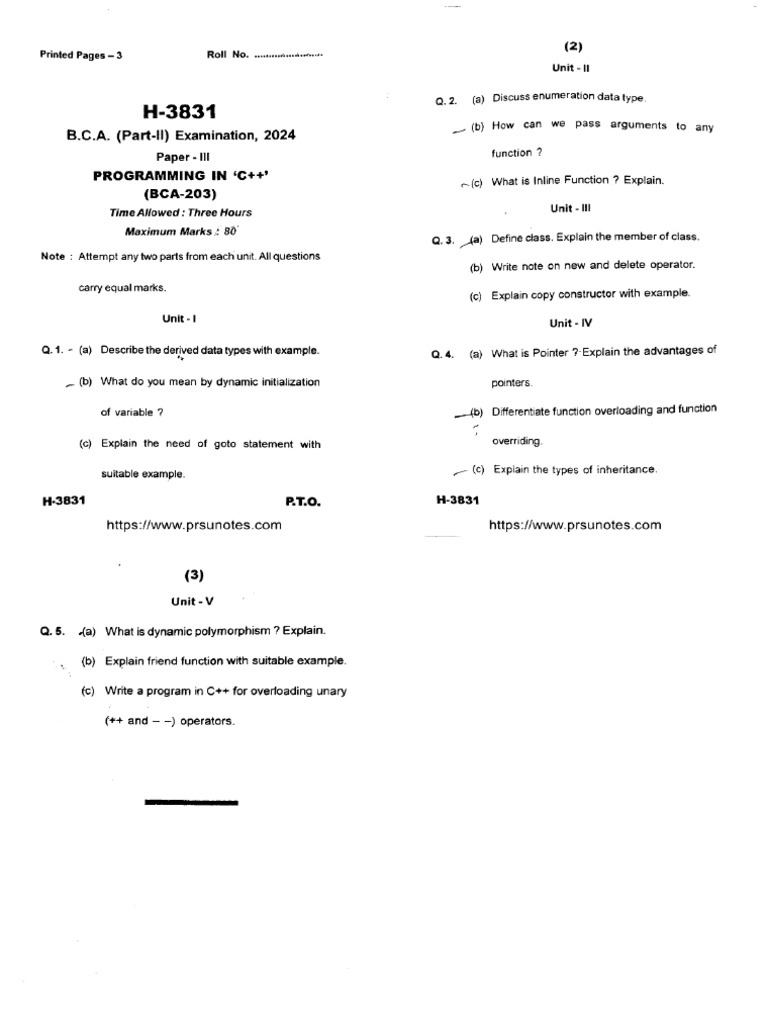 Bca Part 2 Programming in CPP H 3831 2024 | PDF