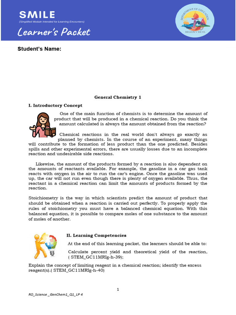 RO Q1 GenChem1 Learning Packet4 Calculating Percent Yield Theoretical Yield and Limiting Reagent ...