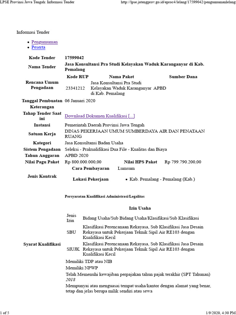 LPSE Provinsi Jawa Tengah- Informasi Tender | PDF