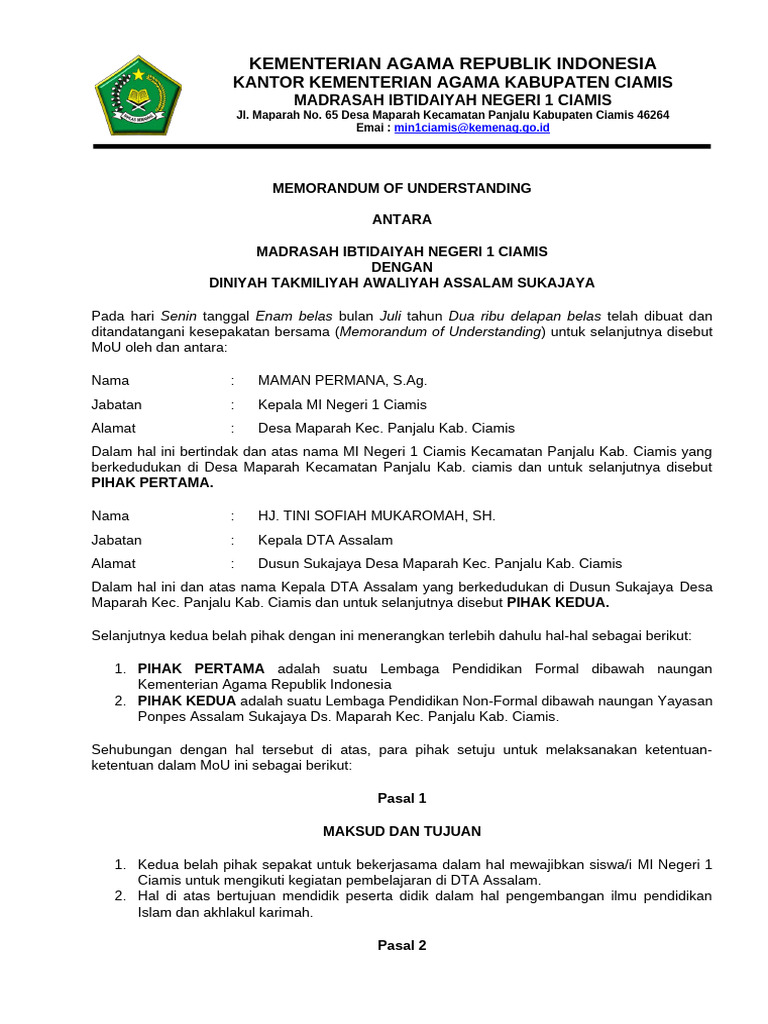 MoU Dengan DTA Assalam | PDF