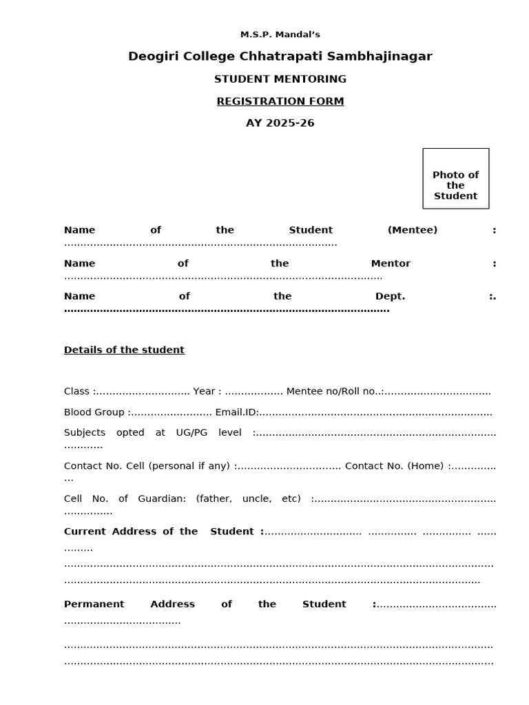 Student Mentoring Registration Form | PDF