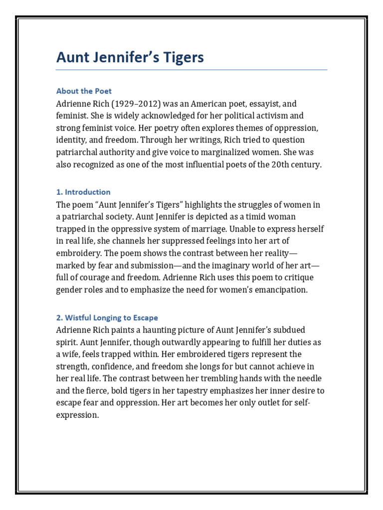 Aunt Jennifer's Tigers: Feminist Themes | PDF | Feminism | Gender Studies
