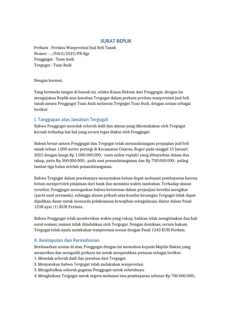Surat Replik Tuan Andi Vs Tuan Budi | PDF