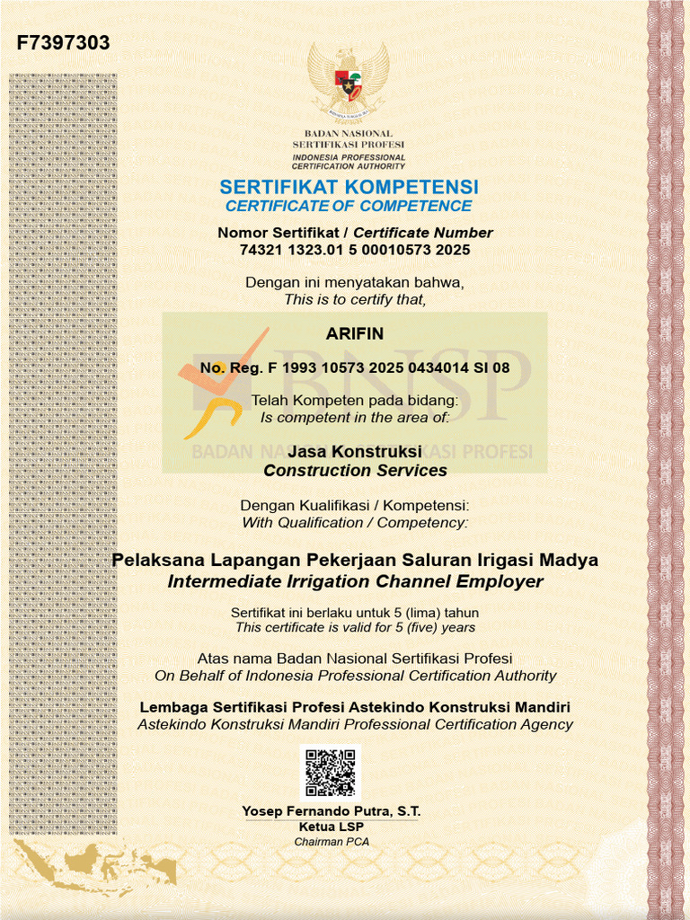 Sertifikat SKK ARIFIN Irigasi | PDF