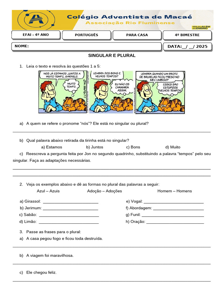 Atividades de Singular e Plural 4º Ano | PDF