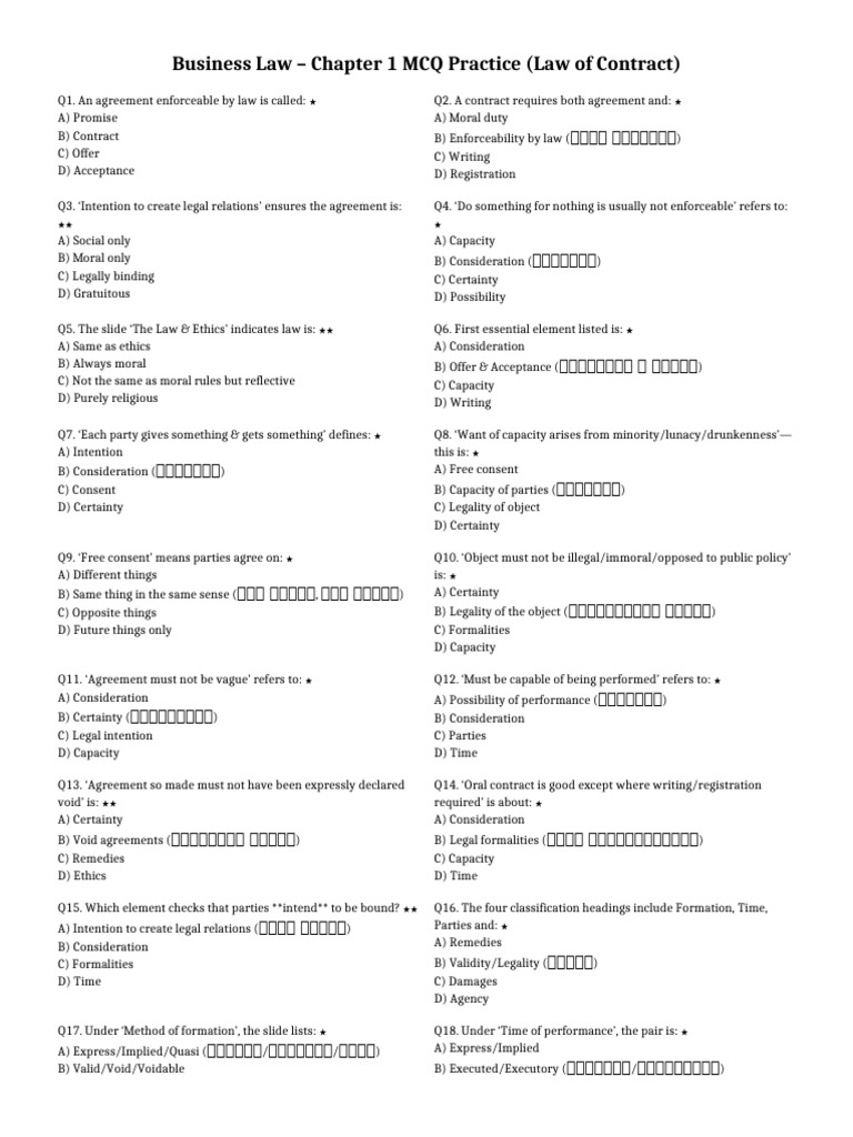 Business Law Chapter1 50 MCQ Old Format | PDF | Void (Law) | Consideration