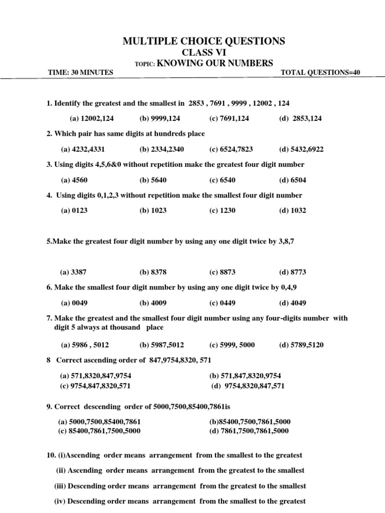 Mcqs Class Vi | PDF | Line (Geometry) | Integer
