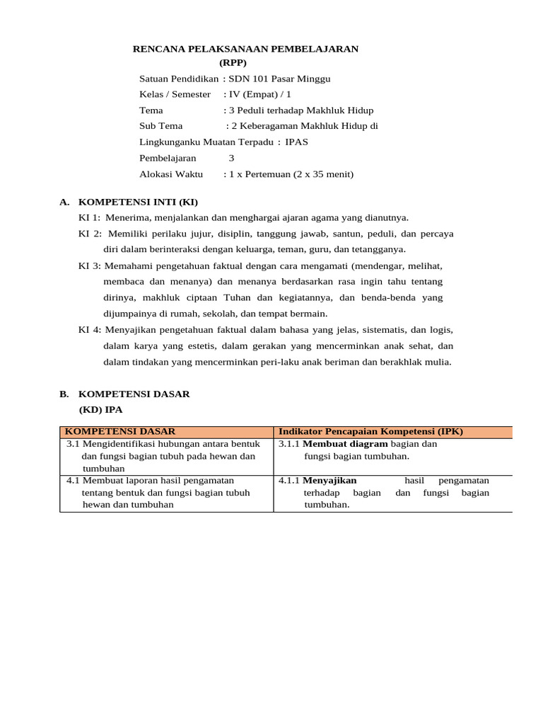 RPP KLS 4 TEMA 3 | PDF
