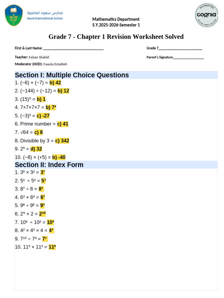 G7 Chap 1 WorkSheet Solution | PDF | Mathematics | Elementary Mathematics