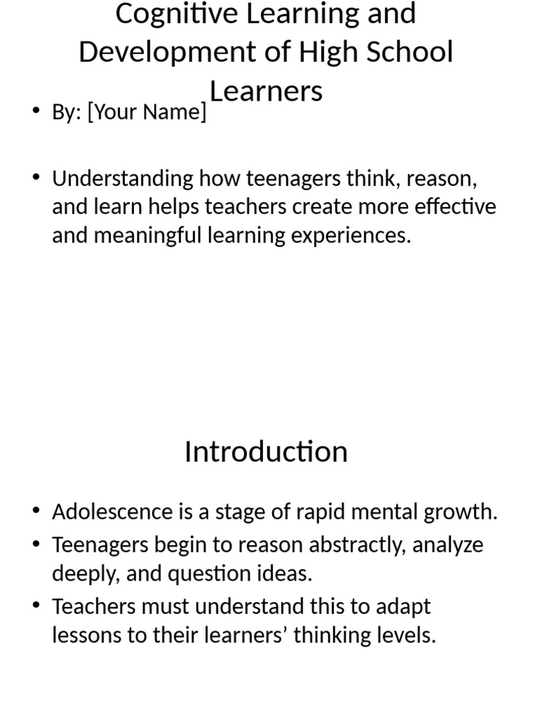 Cognitive Learning and Development of High School Learners | PDF