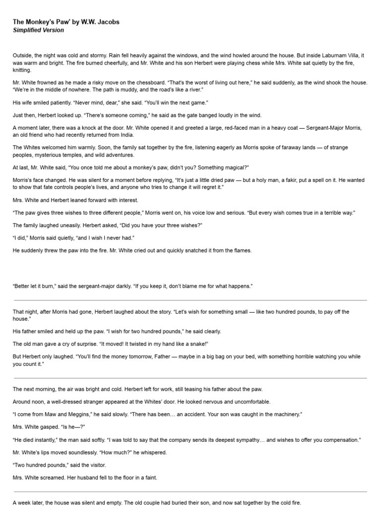 'The Monkey's Paw' by W.W. Jacobs (Simplified Version) | PDF