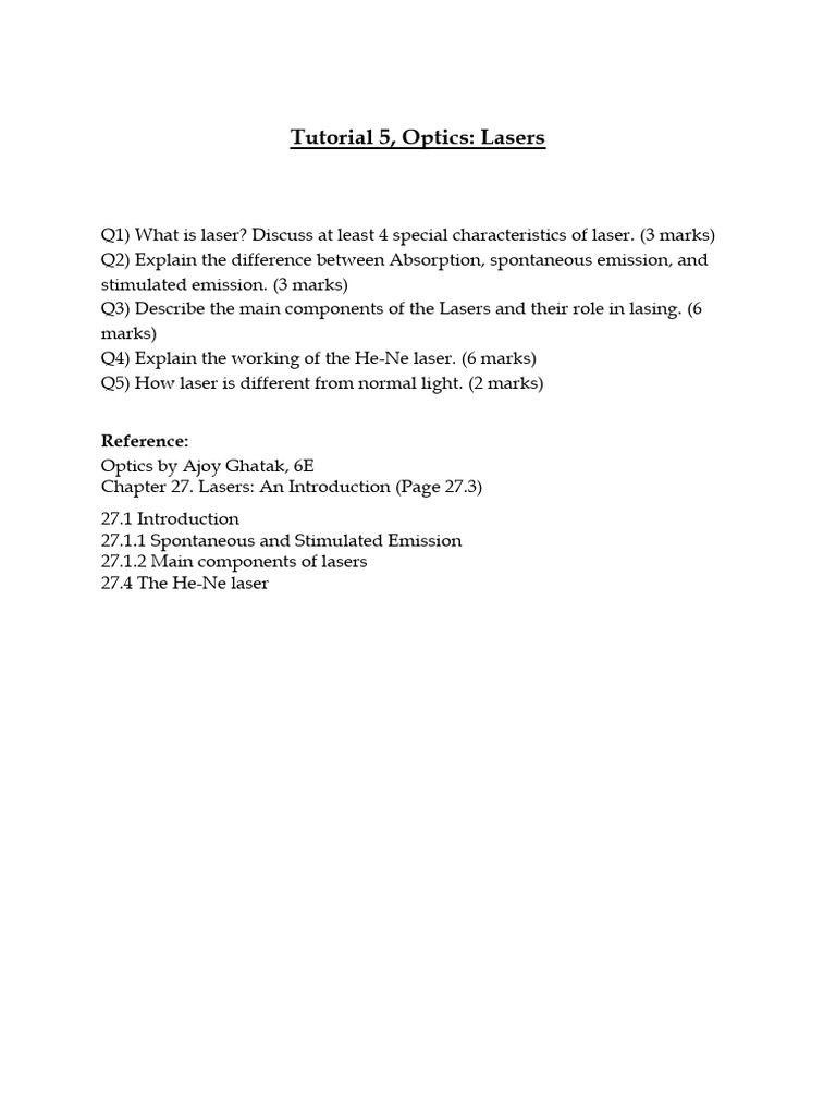 Tutorial 5, Optics: Lasers: Reference | PDF