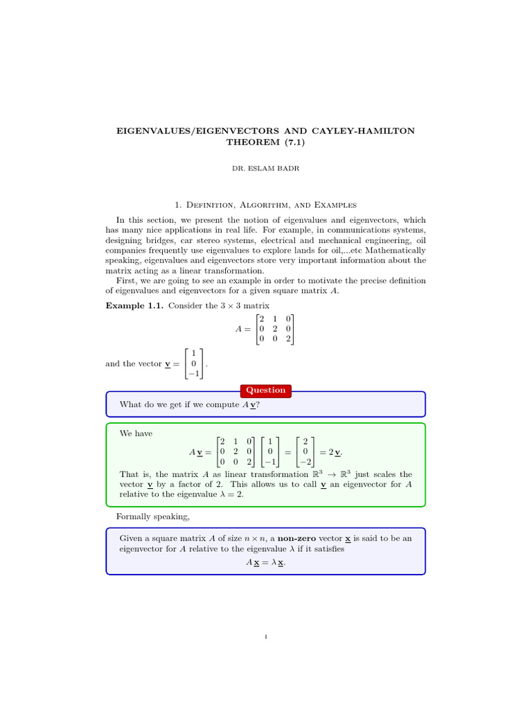 Eigenvalues and Eigenvectors and Cayley Hamilton Theorem 7 1 | PDF | Eigenvalues And ...