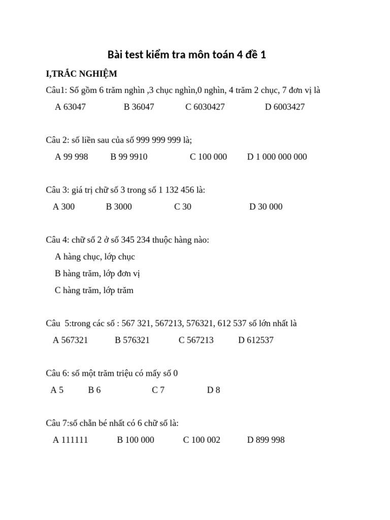 Bài Test Kiểm Tra Môn Toán 4 Đề 1 | PDF