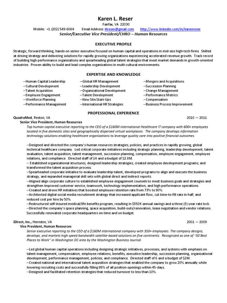 Vice President Human Resources CHRO in Washington DC VA Resume Karen ...