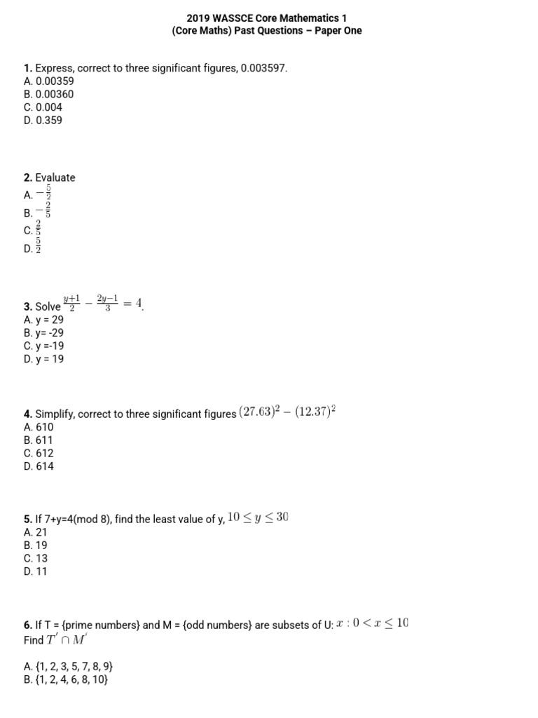 2019 WASSCE Core Maths Past Questions | PDF | Circle | Area