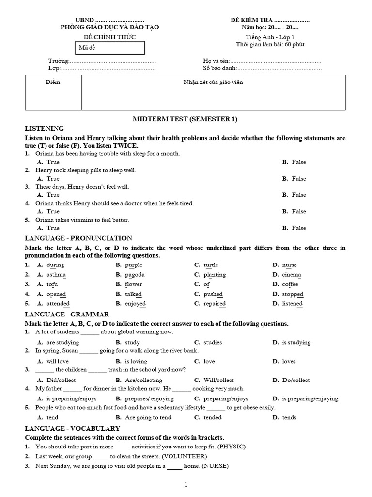 Midterm Test (Semester 1) | PDF | Sleep | Insomnia