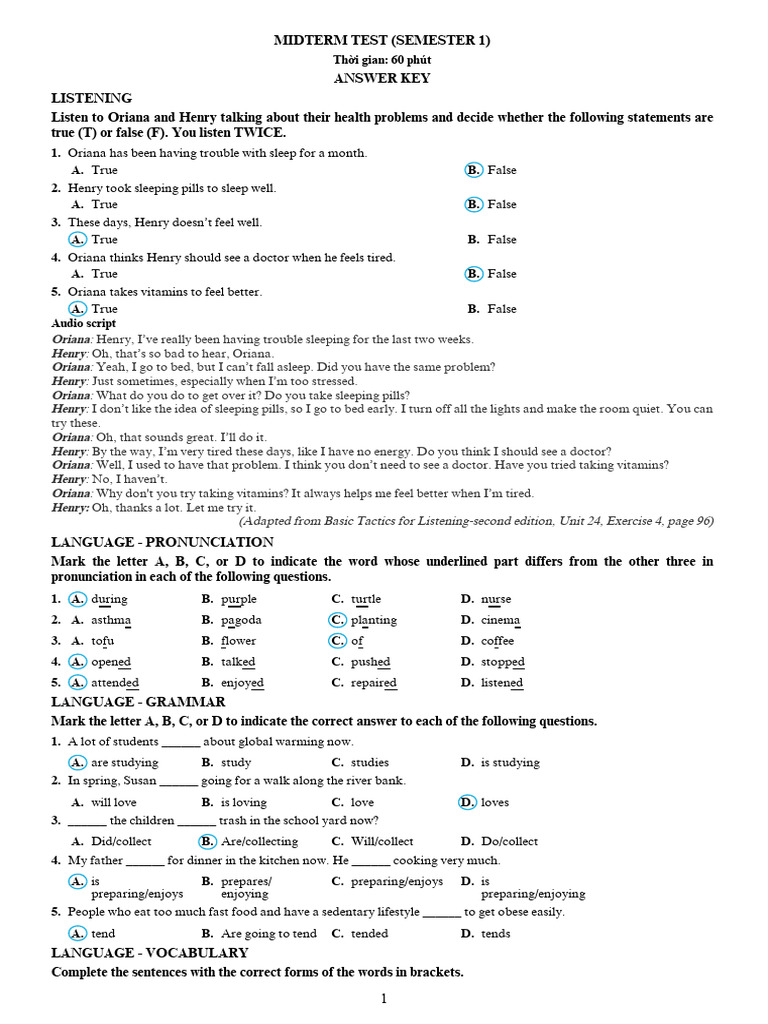 Midterm Test Answer Key: Listening & Grammar | PDF | Sleep | Insomnia