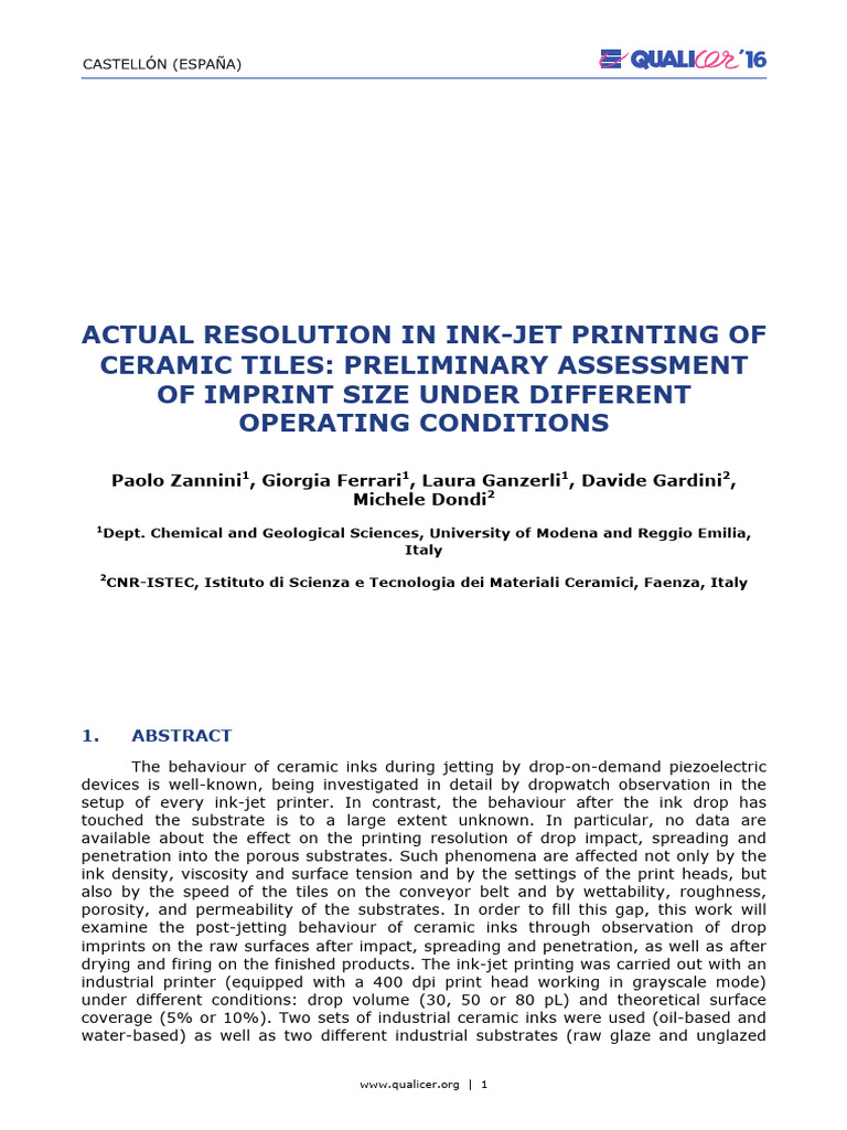 Actual Resolution in Ink-Jet Printing of Ceramic Tiles, Preliminary ...