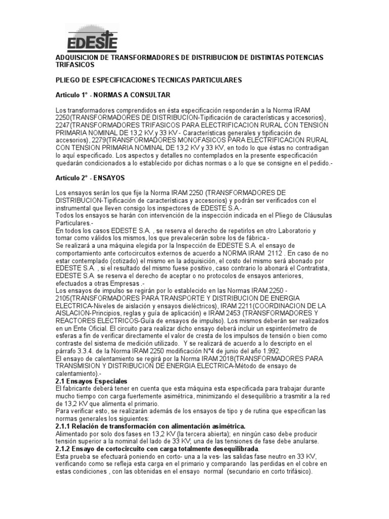 ET 300 Transformador Trifásico de Distribución (IRAM 2250 e IRAM 2247 ...