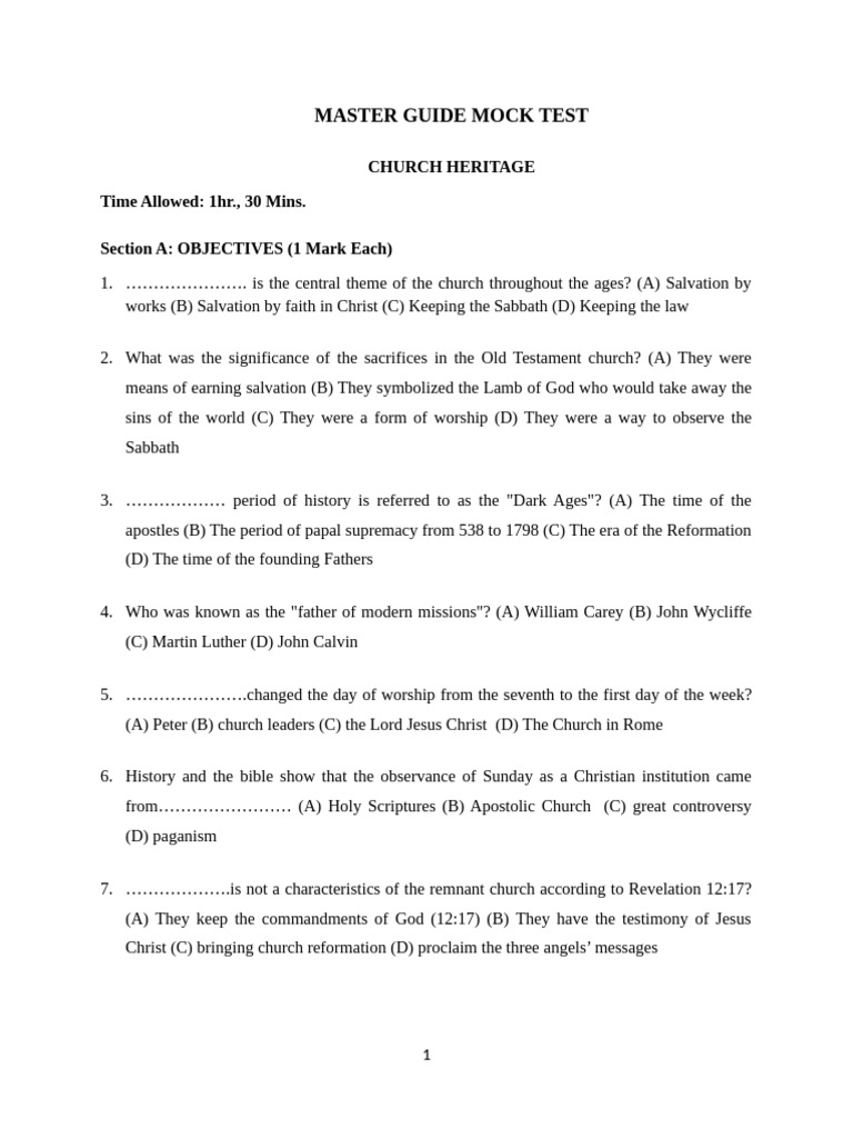 Church Heritage Master Guide Test | PDF | Seventh Day Adventist Church ...