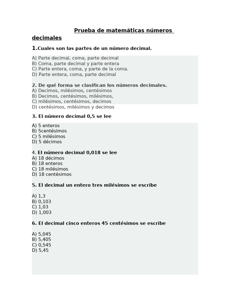 Prueba de Matemáticas Números Decimales | PDF | Codificaciones ...