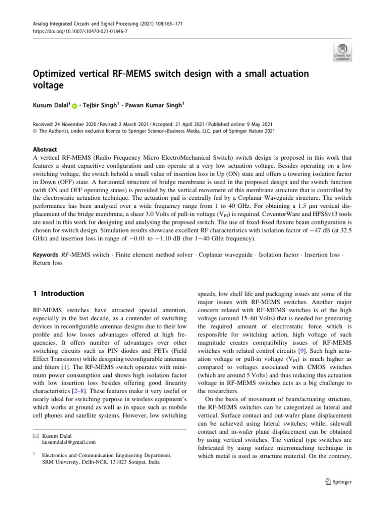 Low-Voltage Vertical RF-MEMS Switch Design | PDF | Finite Element ...