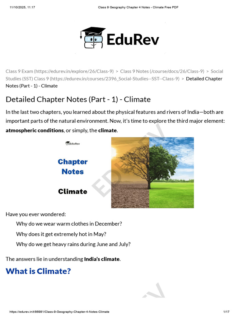 Class 9 Geography: Climate Notes PDF | PDF | Monsoon | Rain