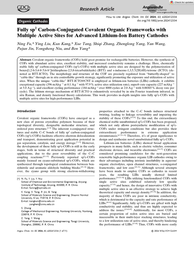 Angew Chem Int Ed - 2024 - Fu - Fully Sp2 Carbon Conjugated Covalent ...