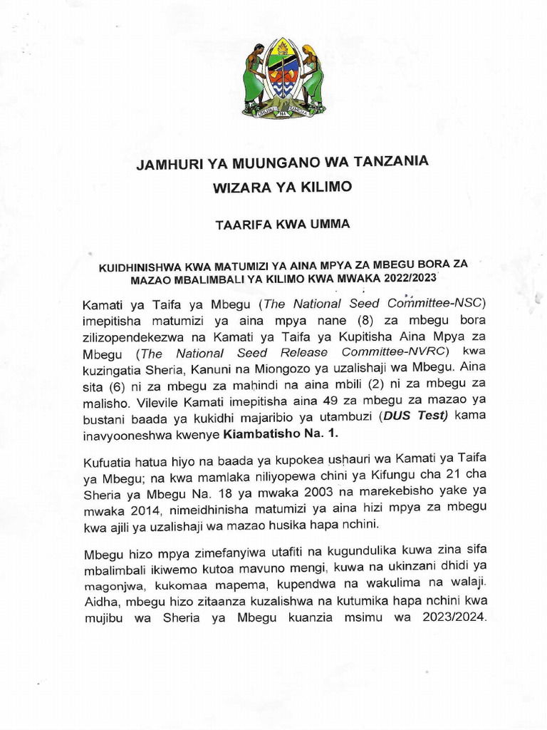 Aina Mpya Za Mbegu Za Mazao Zilizoidhinishwa Mwaka 2023 | PDF