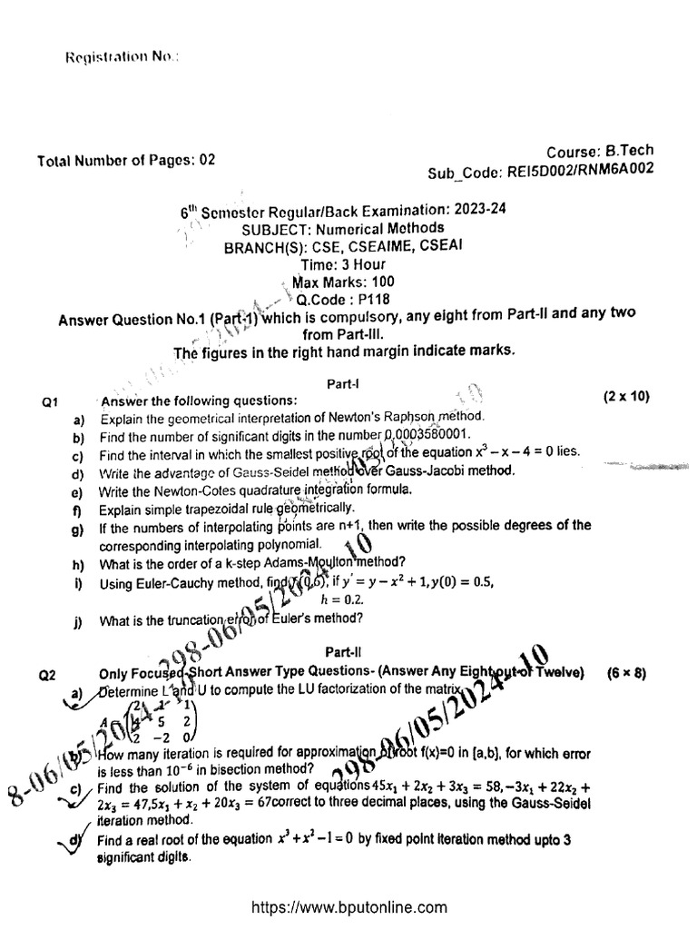 Btech Cse 6 Sem Numerical Methods Rei5d002 2024 | PDF