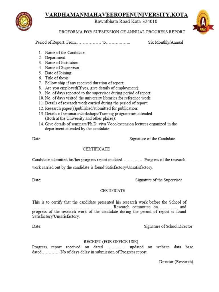 Proforma For Submission of Annual Progress Report | PDF