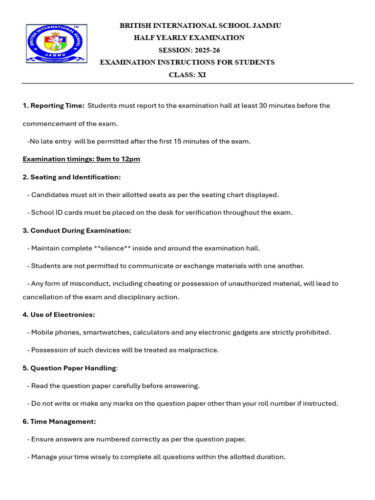 Exam Instructions for Class XI Students | PDF