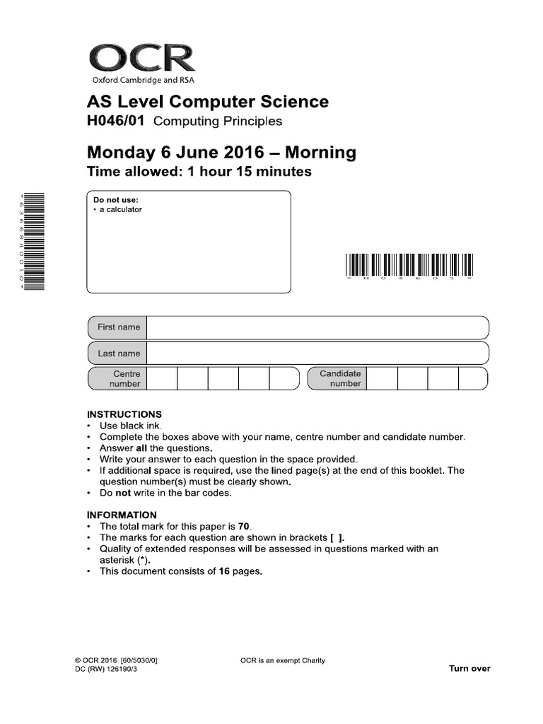 June 2016 QP - Paper 1 OCR Computer Science As-Level | PDF