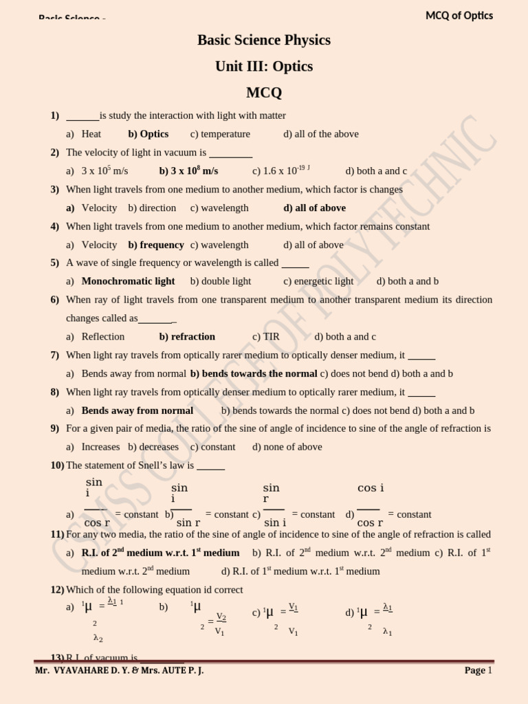 Optics MCQs for Basic Science Study | PDF | Refractive Index | Light