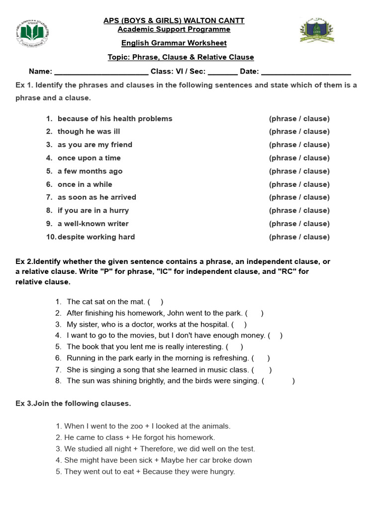 English Grammar: Phrases & Clauses Worksheet | PDF | Phrase | Clause