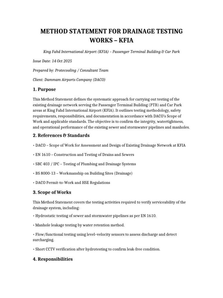 Drainage Testing Method Statement KFIA | PDF | Leak