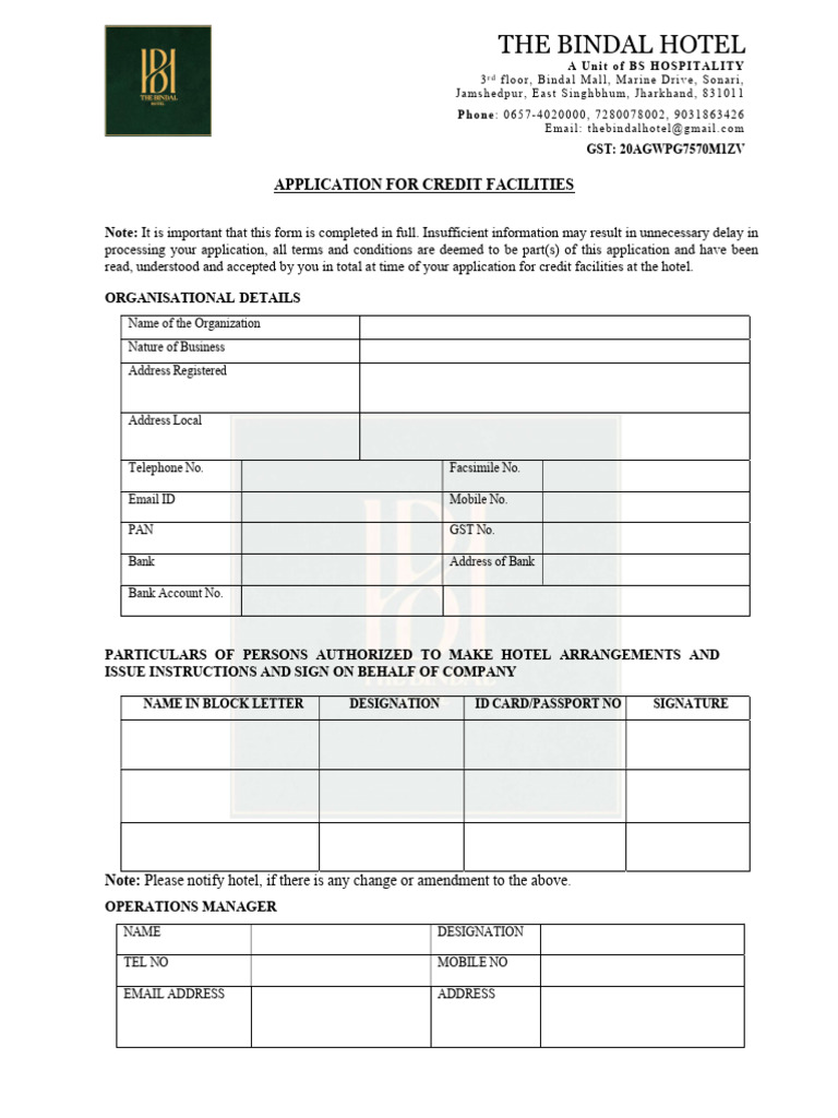 BTC Form - The Bindal Hotel | PDF | Credit | Finance & Money Management