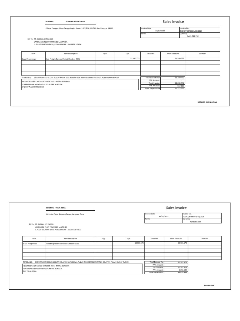 5. Rekap Invoice Mitra Oktober- Pak Beni & Virio | PDF