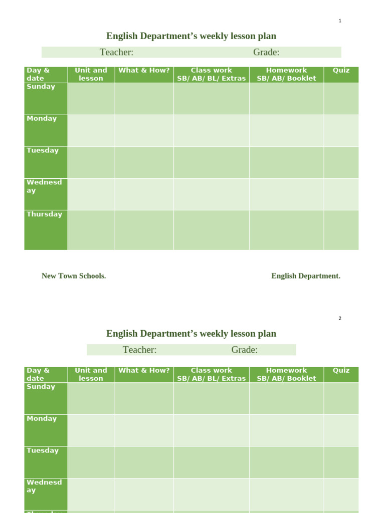 Weekly English Lesson Plan Template | PDF
