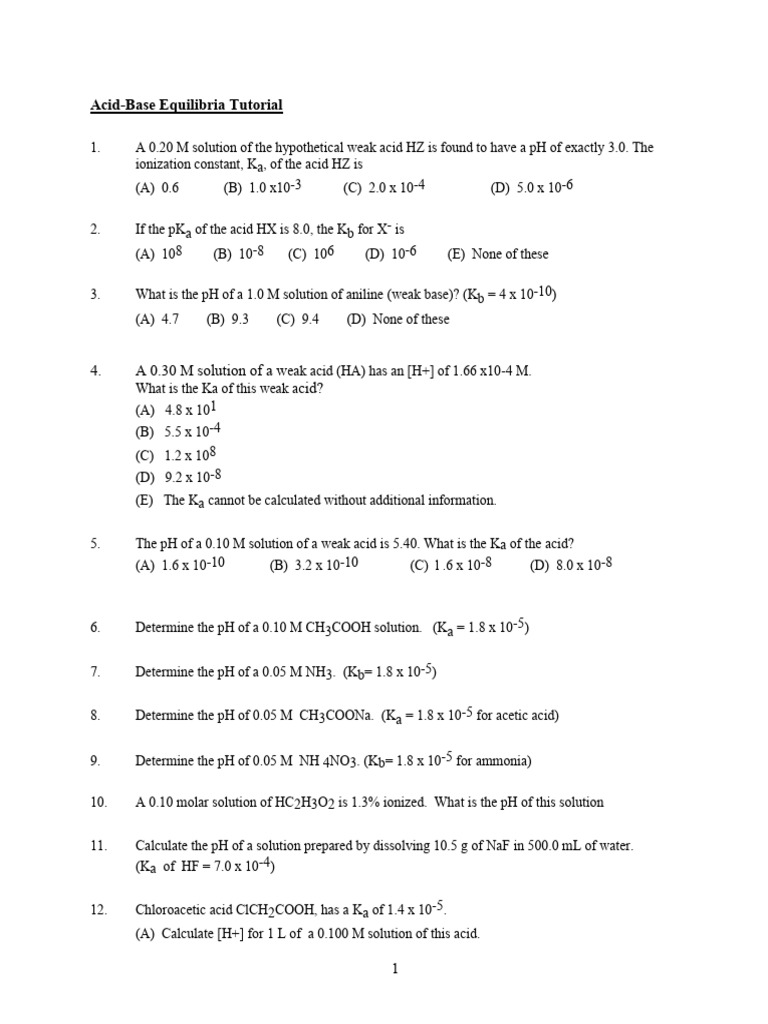 Acid-Base Equilibria Calculations Guide | PDF